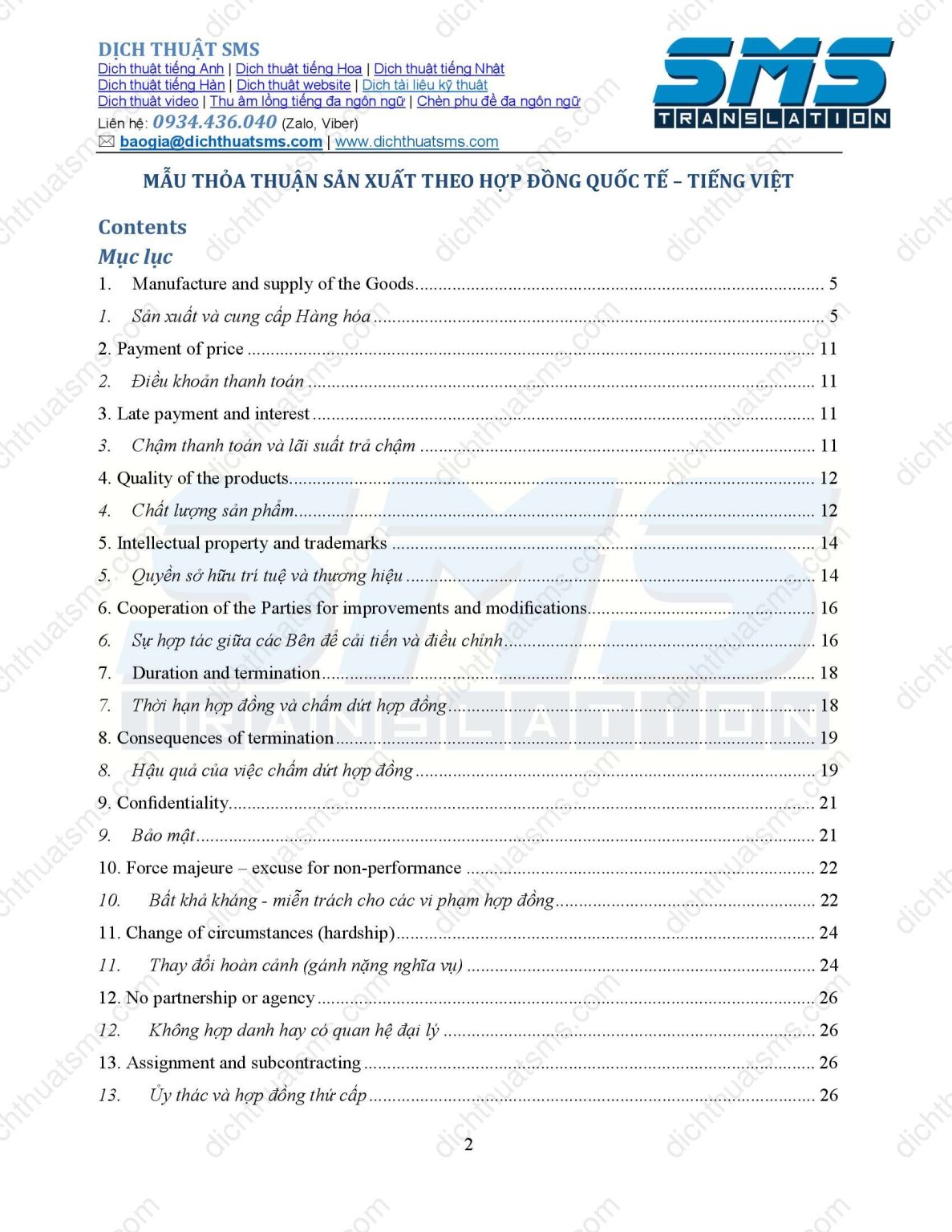 Thỏa thuận sản xuất theo hợp đồng quốc tế song ngữ Anh Việt (mẫu ITC)